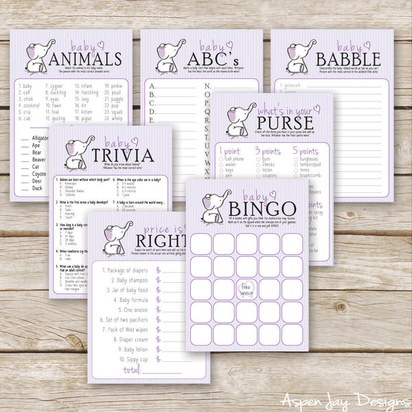 Purple Elephant 7 Baby Shower Games Package – AspenJay